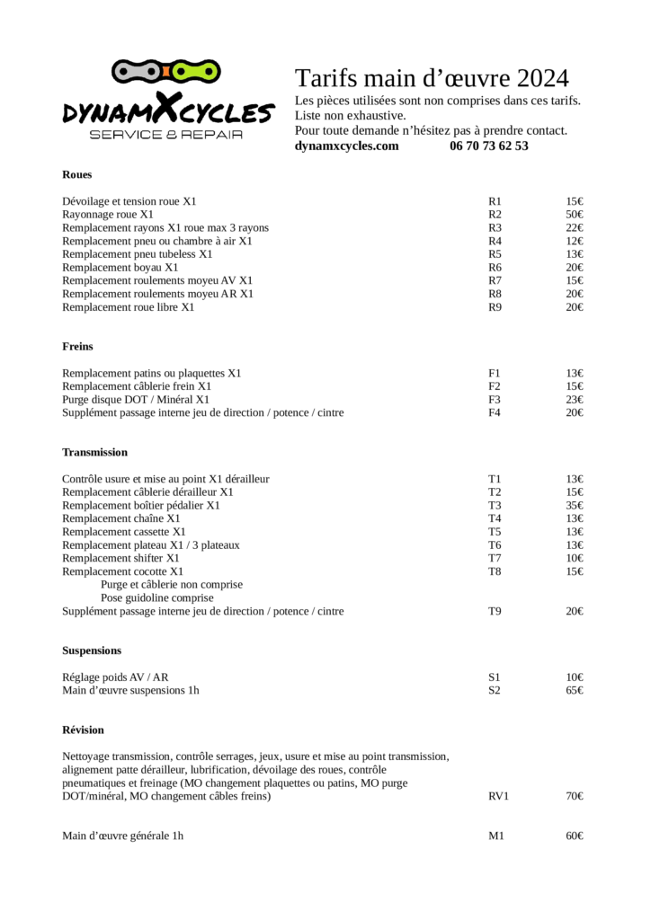 Tarifs atelier - dynamXcycles